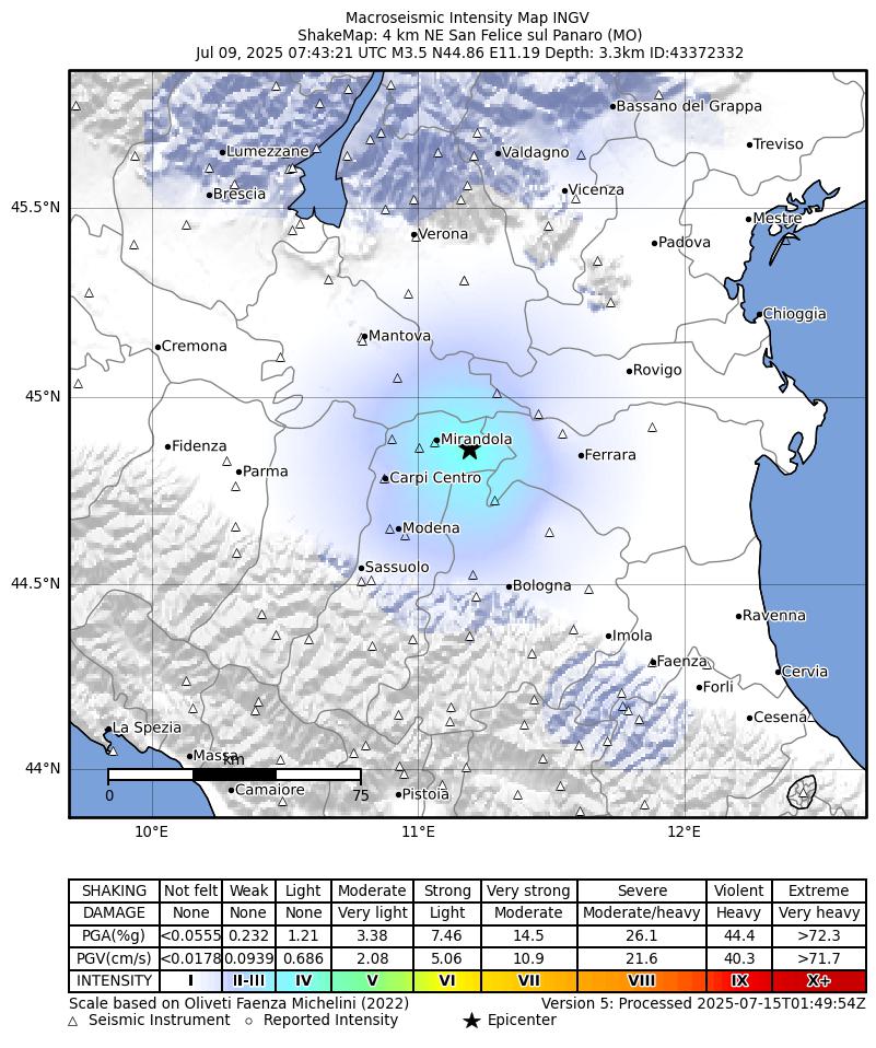 Earthquake 4 km NE San Felice sul Panaro (MO), Magnitude ML 3.5, 9 July ...